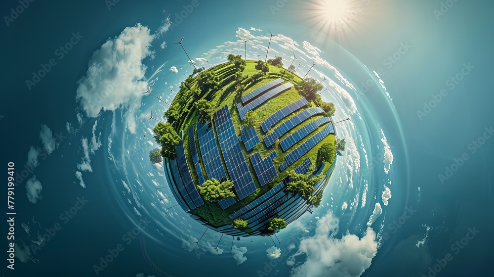 Little planet with big sustainable electric power plant with many rows ...