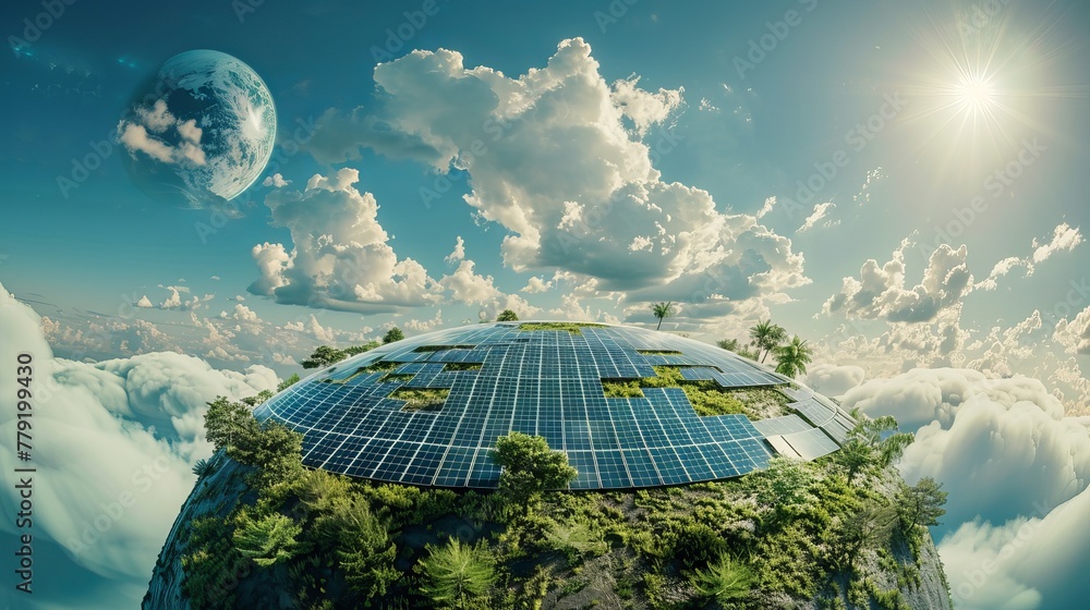 Little planet with big sustainable electric power plant with many rows ...