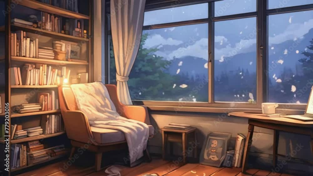 A scene of a cozy corner with a bookshelf, a comfy chair, and a reading ...