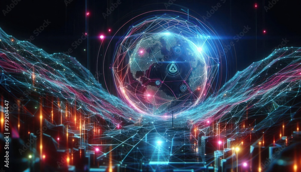 cybernetic world with glowing neon lines and geometric shapes, Digital ...