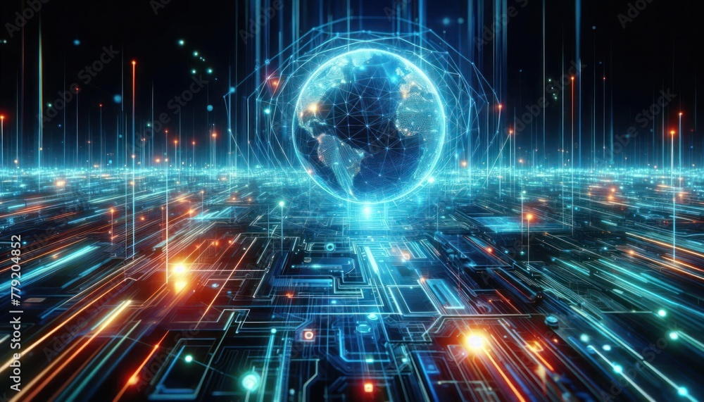 cybernetic world with glowing neon lines and geometric shapes, Digital ...