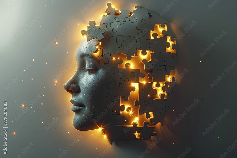Symbolic representation of a puzzle piece fitting into a glowing mind ...