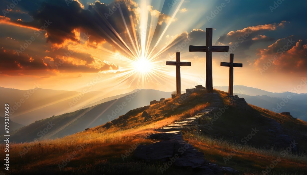 Radiant beams shine from behind the emblem of Calvary. The setting sun ...