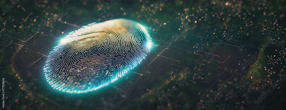 A glowing fingerprint on a digital interface symbolizes biometric ...