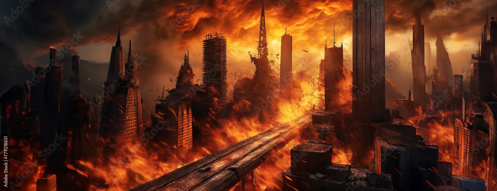 Apocalyptic vision of a city in flames under a dark, ominous sky. The ...