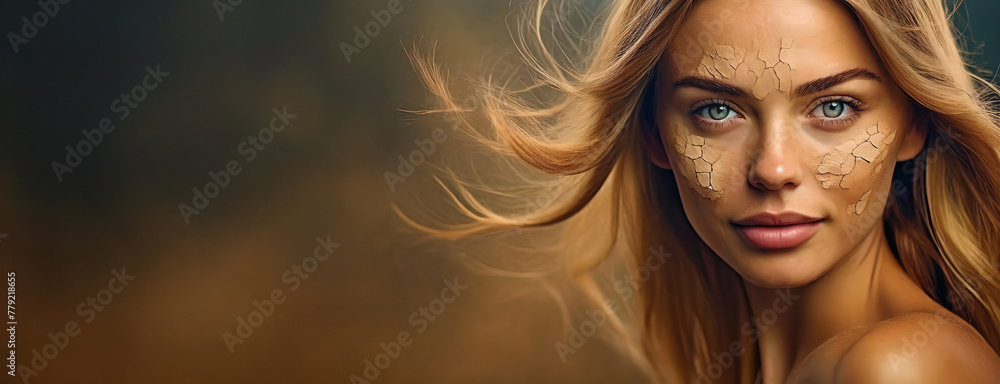 Woman with cracked skin on her face. Her eyes convey depth, while the ...