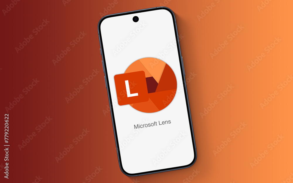 Microsoft Lens logo is displayed on a modern smartphone laying on an ...