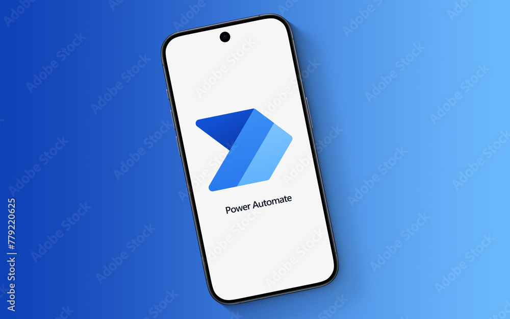 Microsoft Power Automate Logo is displayed on a modern smartphone, blue ...