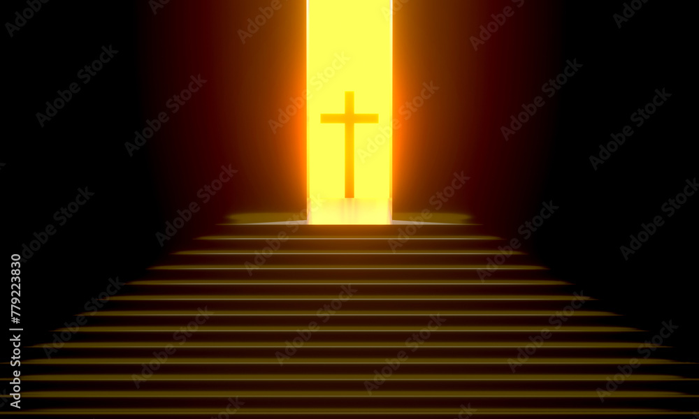 Christian crucifix in ray of light. Catholic cross on steps. Place for ...