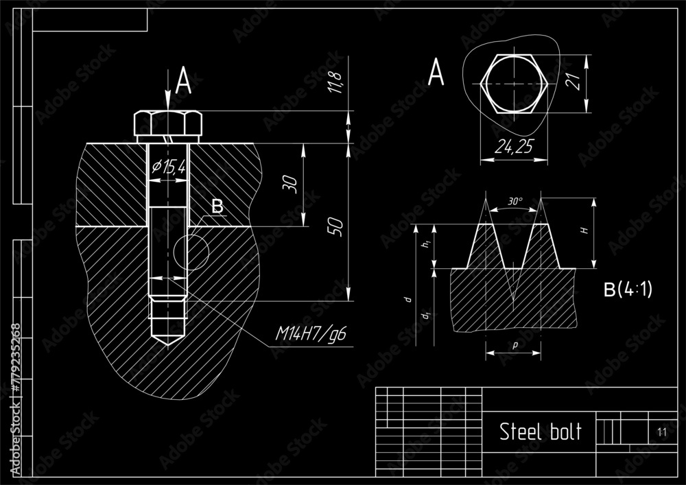 Vector engineering cad drawing of mechanical part (steel bolt) with ...