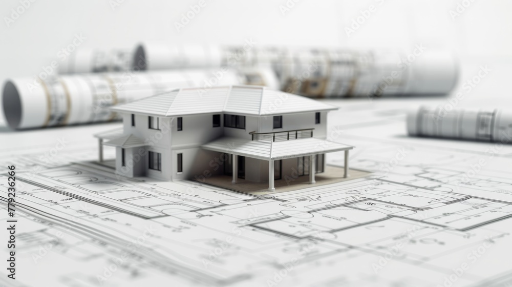 A detailed architectural model of a house sits atop blueprint plans ...