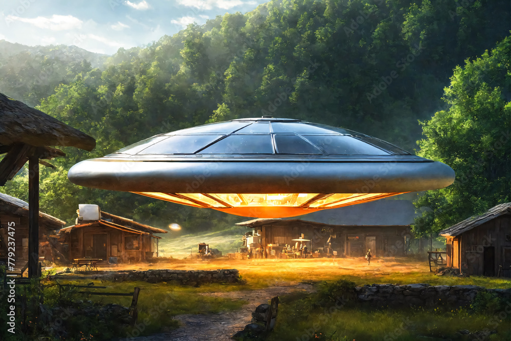 Alien flying saucer on street of old village with wooden houses. Alien ...