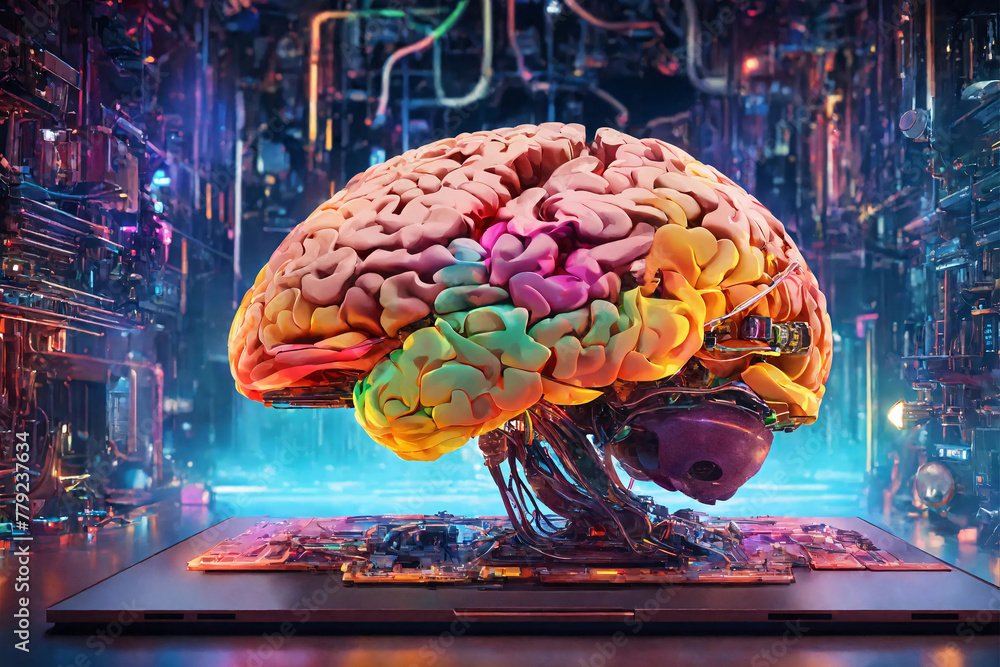 Colorful fantastic brain shaped chip on the motherboard. Symbolic ...