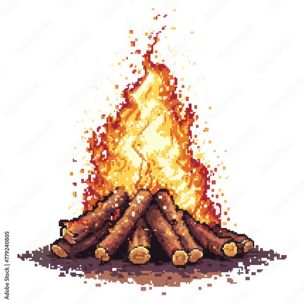 This vibrant pixel art depicts a warm and inviting campfire, with ...