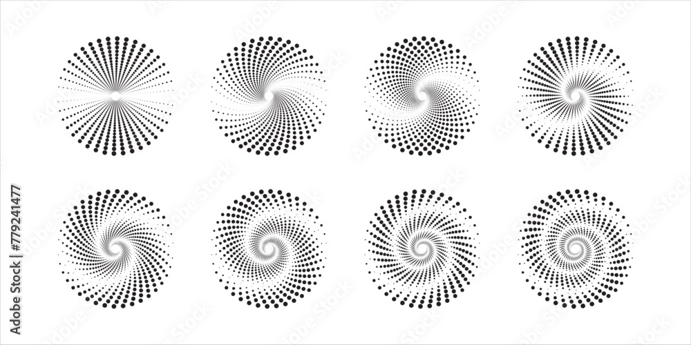 Set of ripple circle icons. Round shapes with swirled polka dot lines ...
