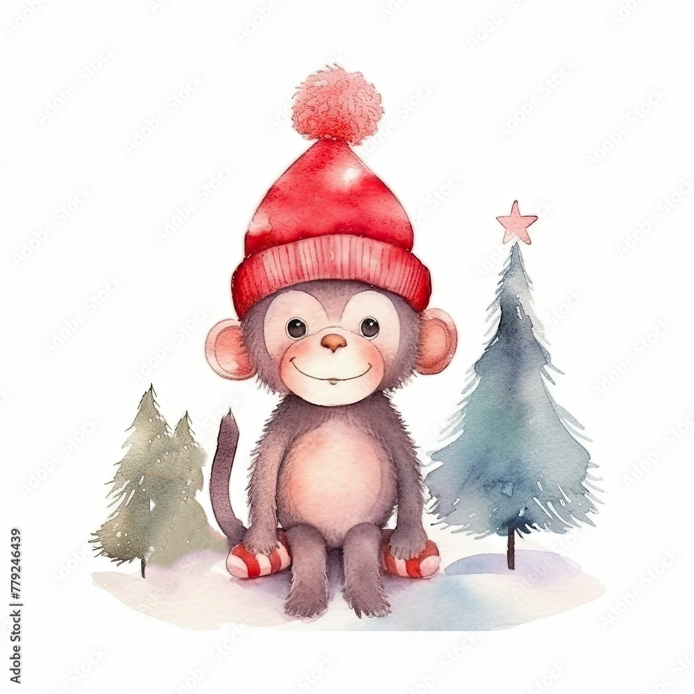 cute baby monkey wearing a christmas red hat. Christmas forest with ...