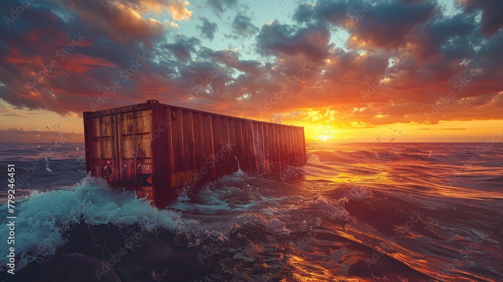 floating cargo containers from logistic cargo ship with wave after big ...