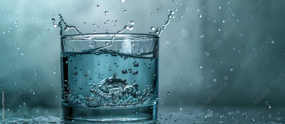 Glass filled with clear water and adorned with tiny droplets on its ...