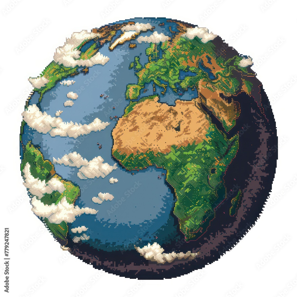 An artistic pixel art depiction of Earth from space highlighting ...
