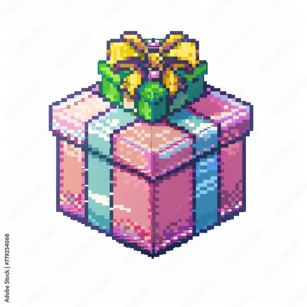 A colorful pixelated gift box tied with a ribbon and topped with a ...