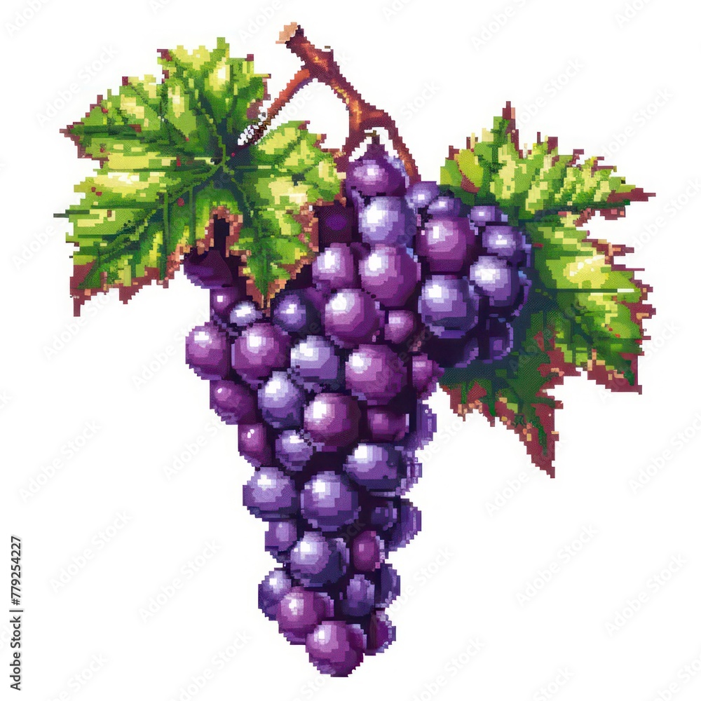 This detailed image shows a pixel art rendition of a grape cluster ...