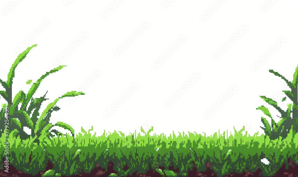 This vibrant image showcases a lush green landscape in pixel art style ...