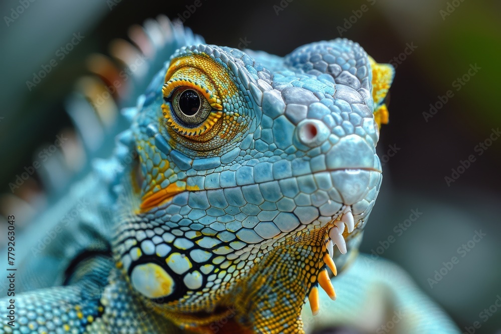 This detailed close-up showcases the textured and colorful skin of a ...