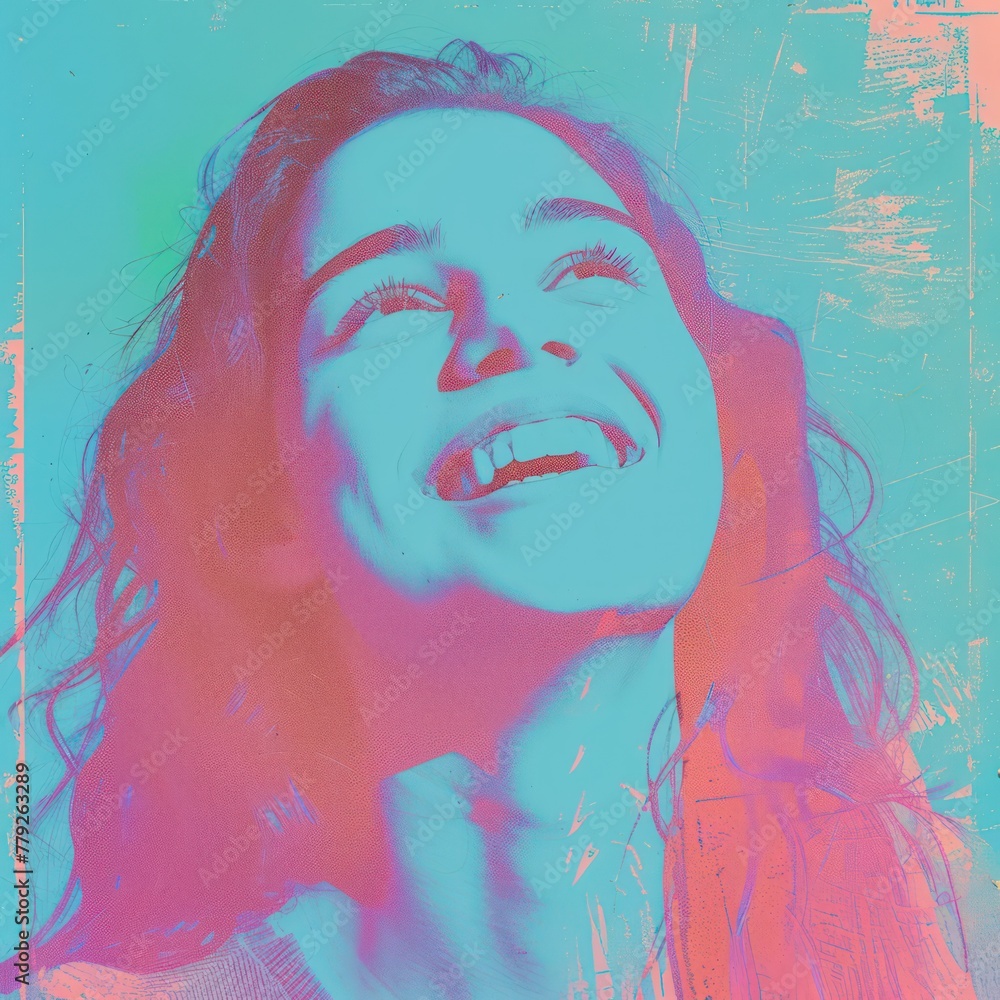A young woman's face captured mid-laugh with vibrant pink and blue ...