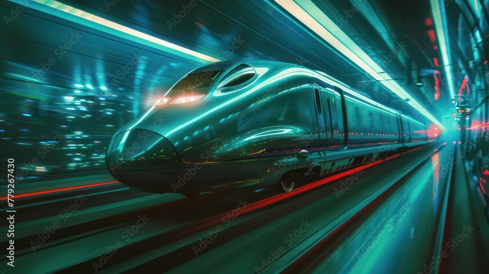 A high-speed bullet train races through a vibrant, illuminated tunnel ...