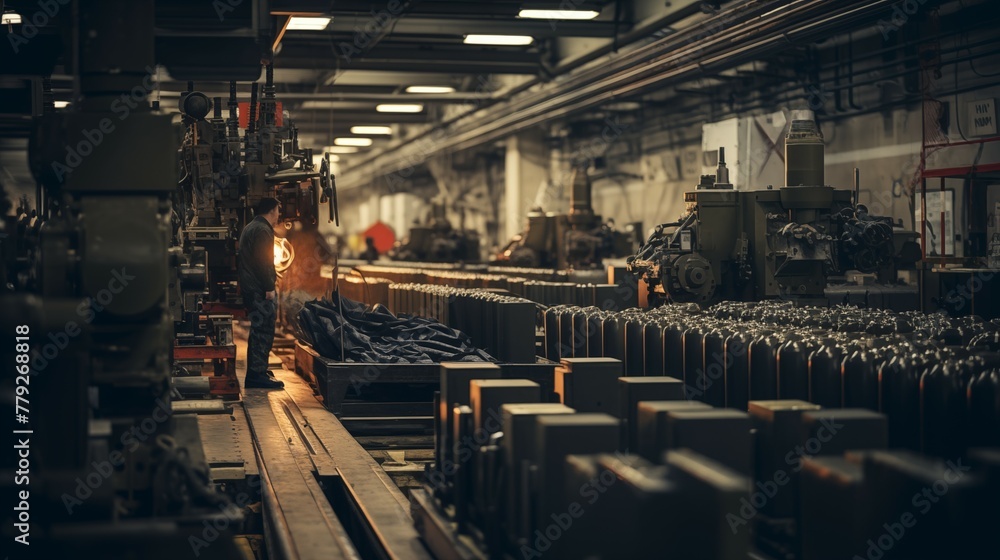 Photograph of modern high tech factory producing many artillery shells ...
