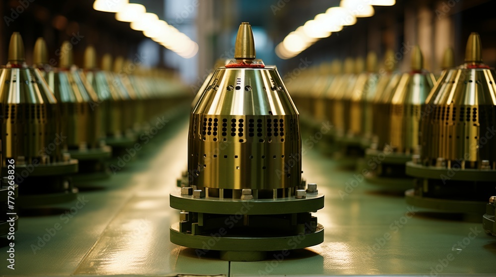 Photograph of modern high tech factory producing many artillery shells ...
