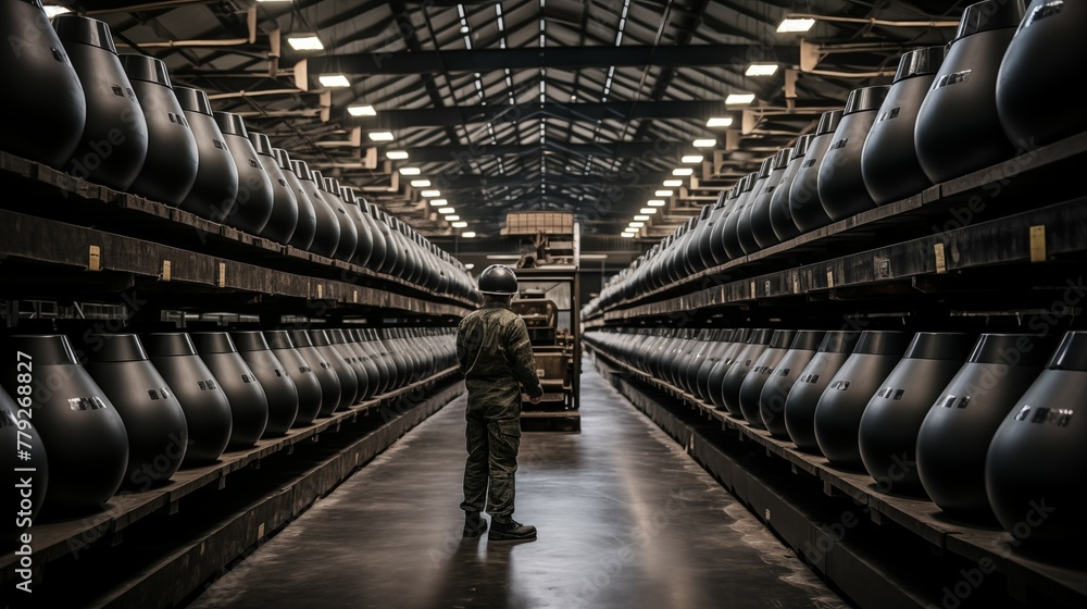 Photograph of modern high tech factory producing many artillery shells ...