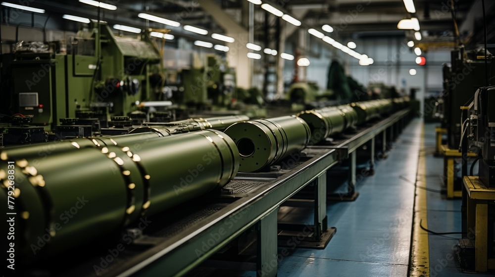 Photograph of modern high tech factory producing many artillery shells ...