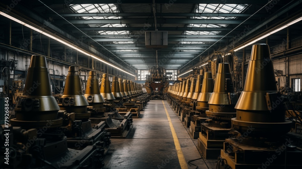 Photograph of modern high tech factory producing many artillery shells ...