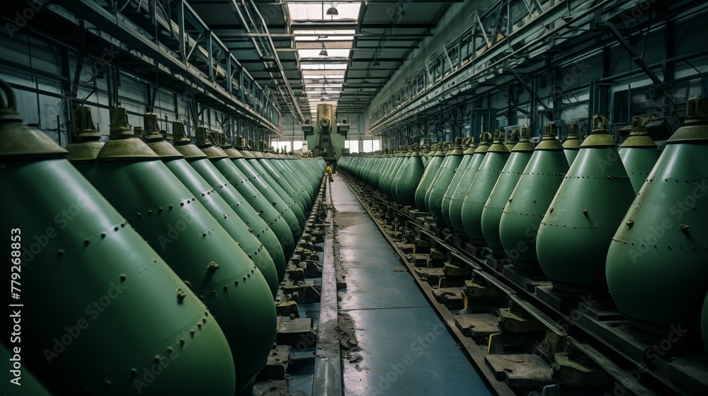 Photograph of modern high tech factory producing many artillery shells ...