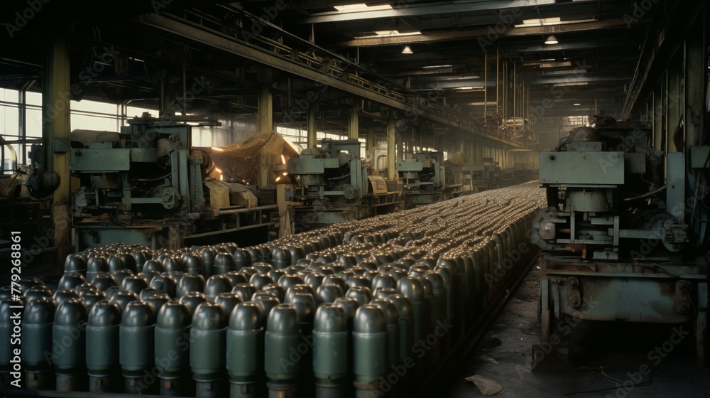 Photograph of modern high tech factory producing many artillery shells ...