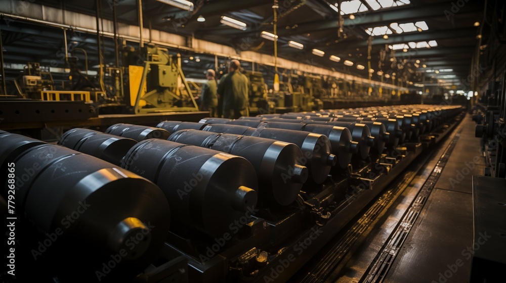 Photograph of modern high tech factory producing many artillery shells ...