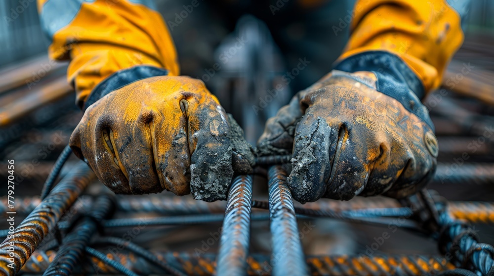 Construction safety gloves gripping a rebar tying tool, a testament to ...