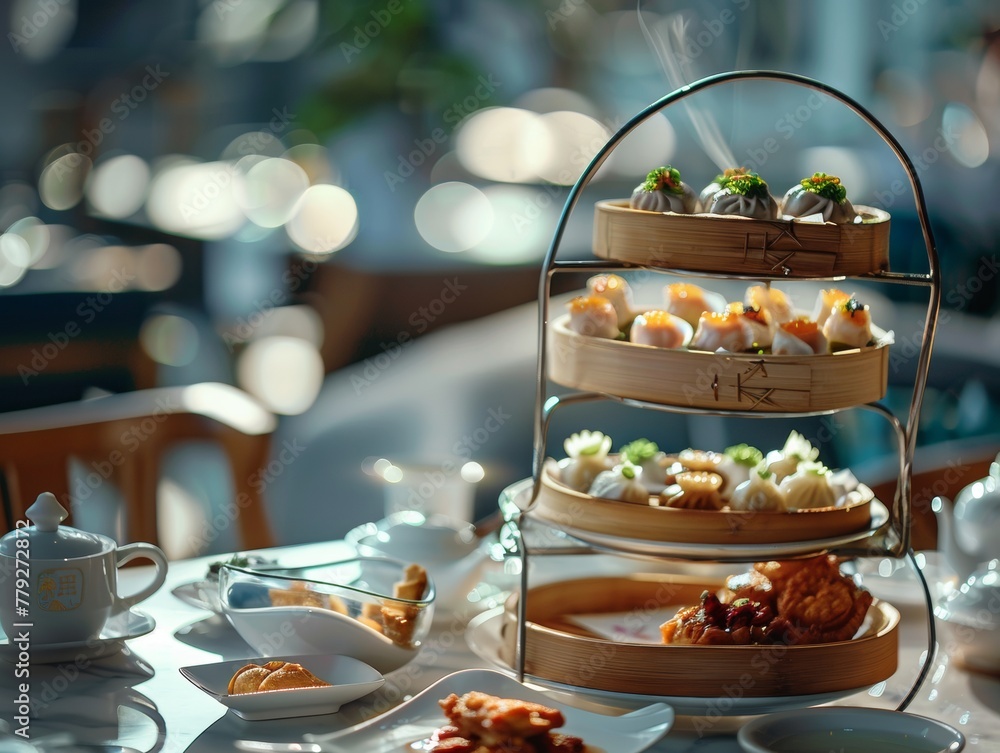 Elegant dim sum assortment on a traditional cart soft focus Stock ...
