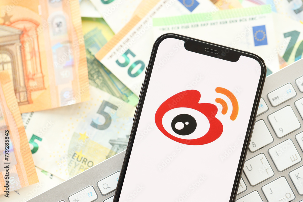 KYIV, UKRAINE - APRIL 1, 2024 Sina Weibo icon on smartphone screen on ...