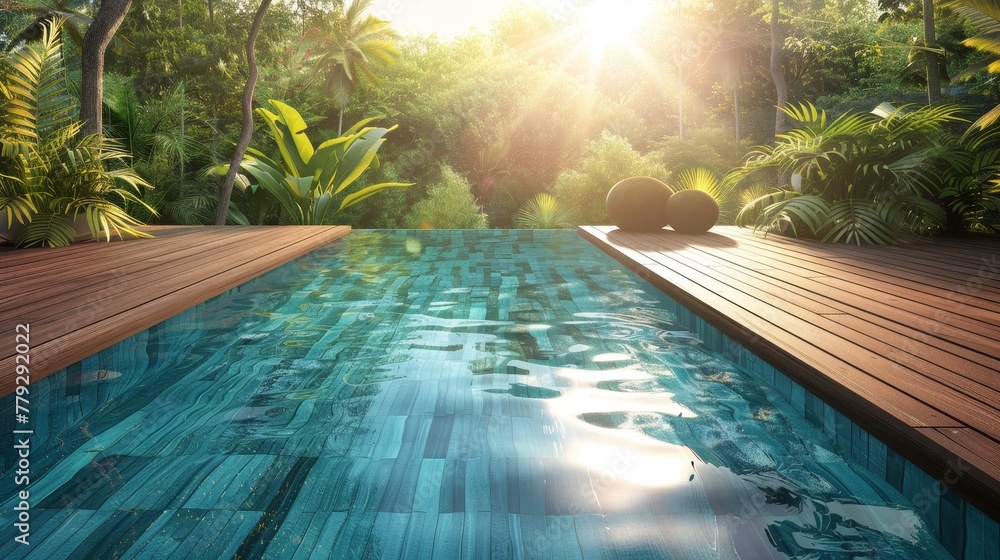 Sunlight shining down on a serene pool area with woo AI generated ...