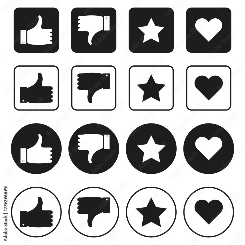 Social media feedback icons. Like and dislike buttons. Star rating ...