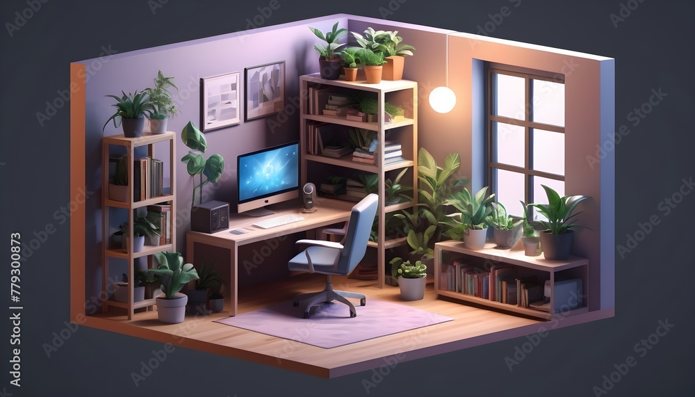 cube cutout of an isometric programmer bedroom with a gaming pc ...