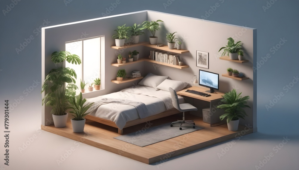 cube cutout of an isometric programmer bedroom with a gaming pc ...