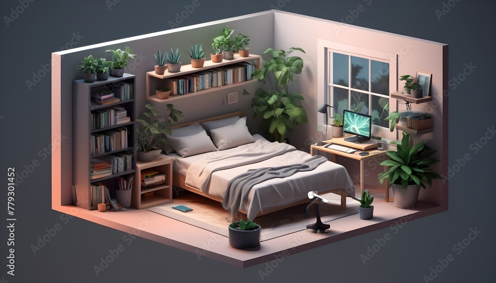 cube cutout of an isometric programmer bedroom with a gaming pc ...