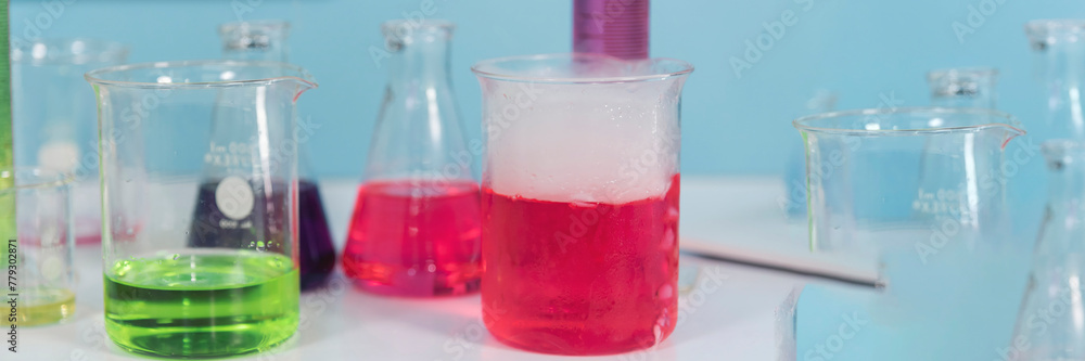 Banner Science chemistry glass tubes object on lab background. Wide ...