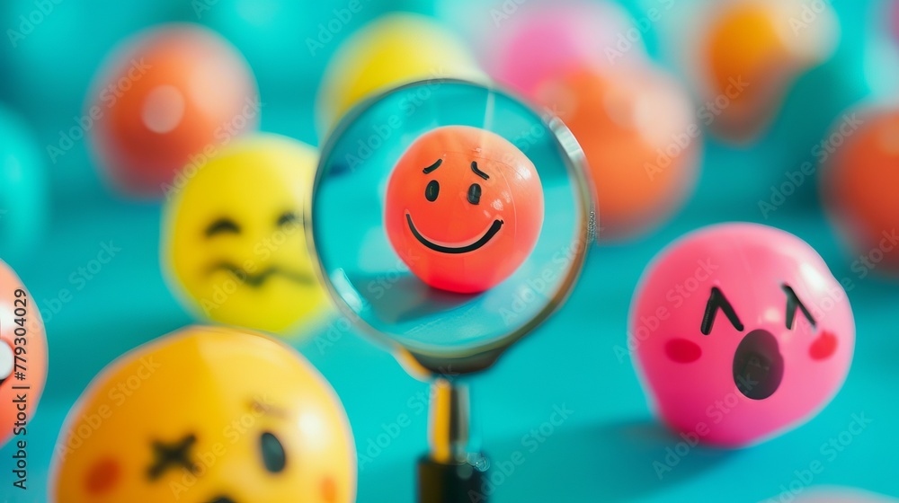A magnifying glass focuses on a happy face amidst a range of emotions ...