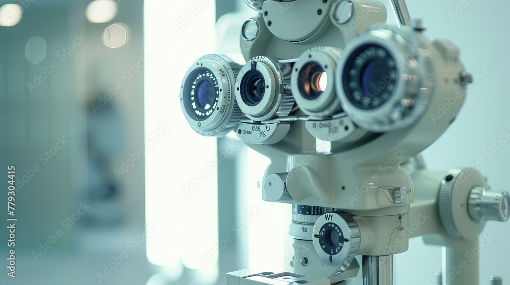 Featuring a phoropter eyesight measurement testing machine, this image ...