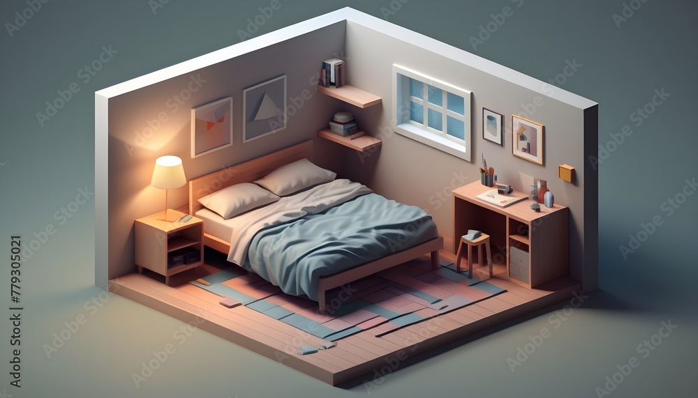 cube cutout of an isometric programmer bedroom, 3d art, muted colors ...