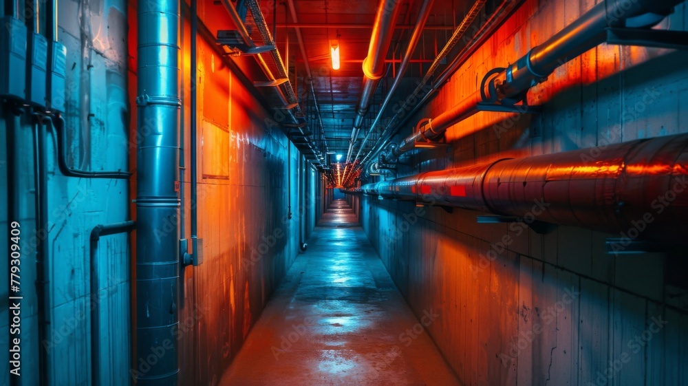 Vibrant Blue and Red Underground Tunnel - A visually arresting image ...